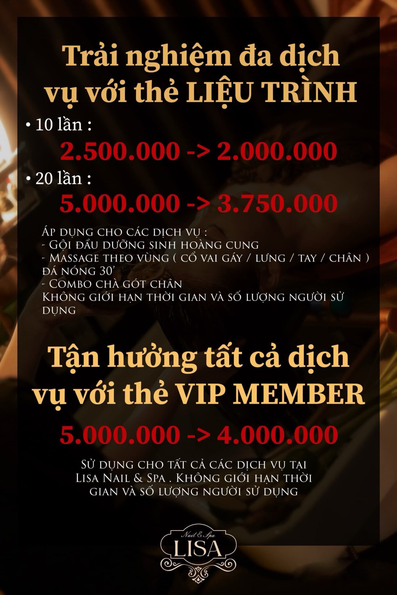 Bảng Giá Dịch Vụ Làm Nail, Gội Đầu, Massage, Triệt Lông Tại Lisa Spa